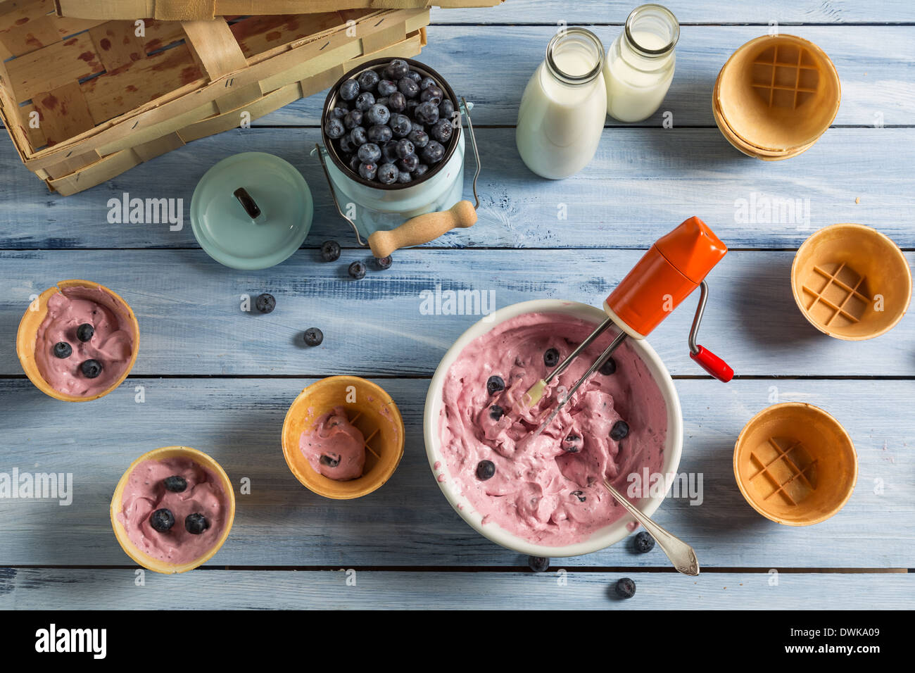 Homemade production line of blueberry ice cream Stock Photo - Alamy
