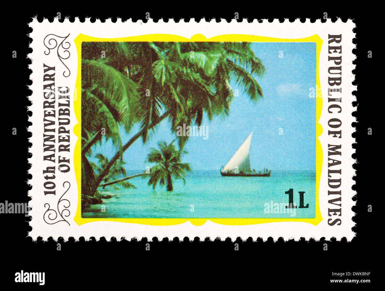 Postage stamp from the Maldives depicting palm trees and a sailing ...