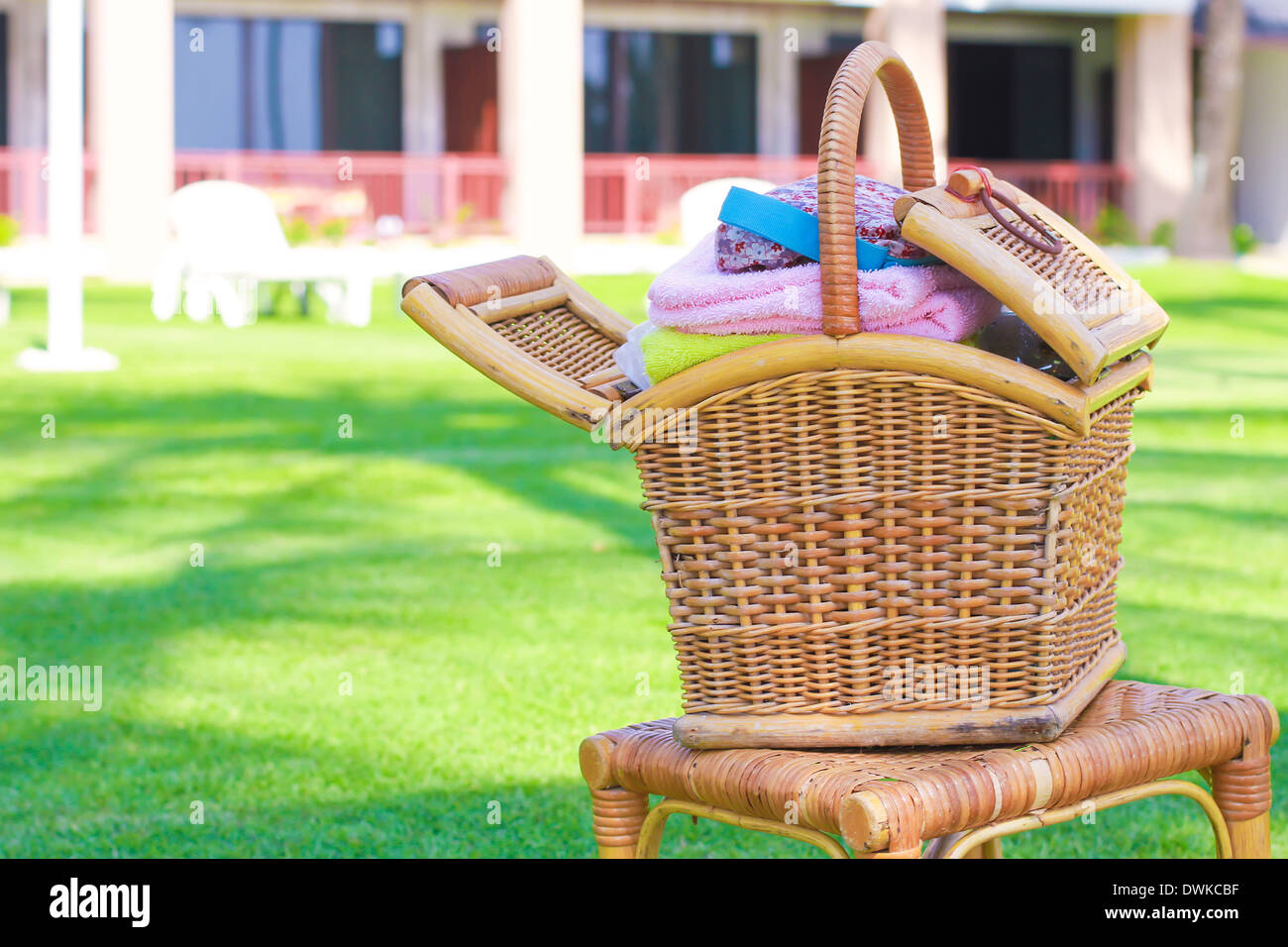 Basket with facilities for massage on the exotic resort Stock Photo - Alamy