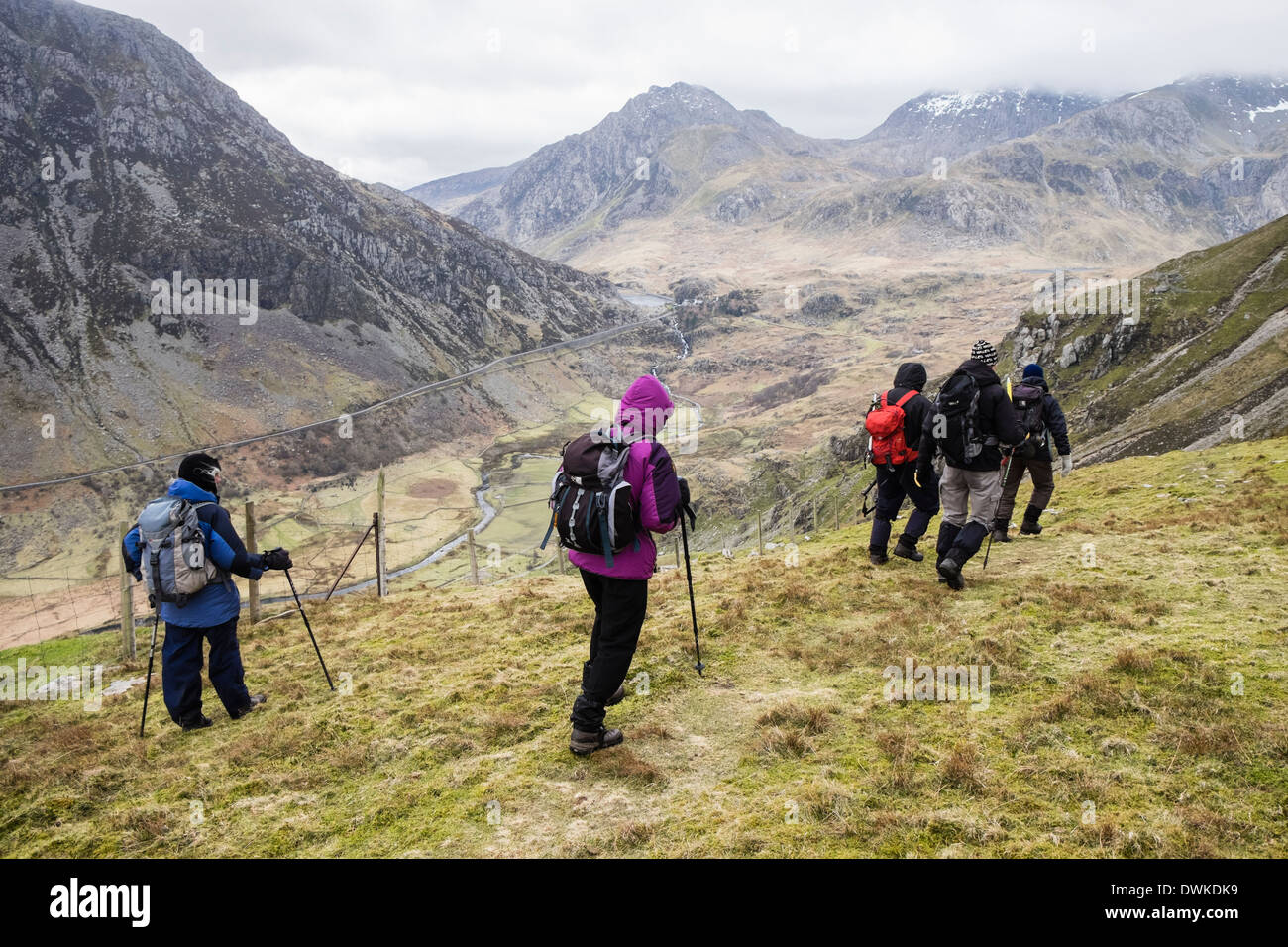 Group of Ramblers association hiking traversing around Foel Goch above ...