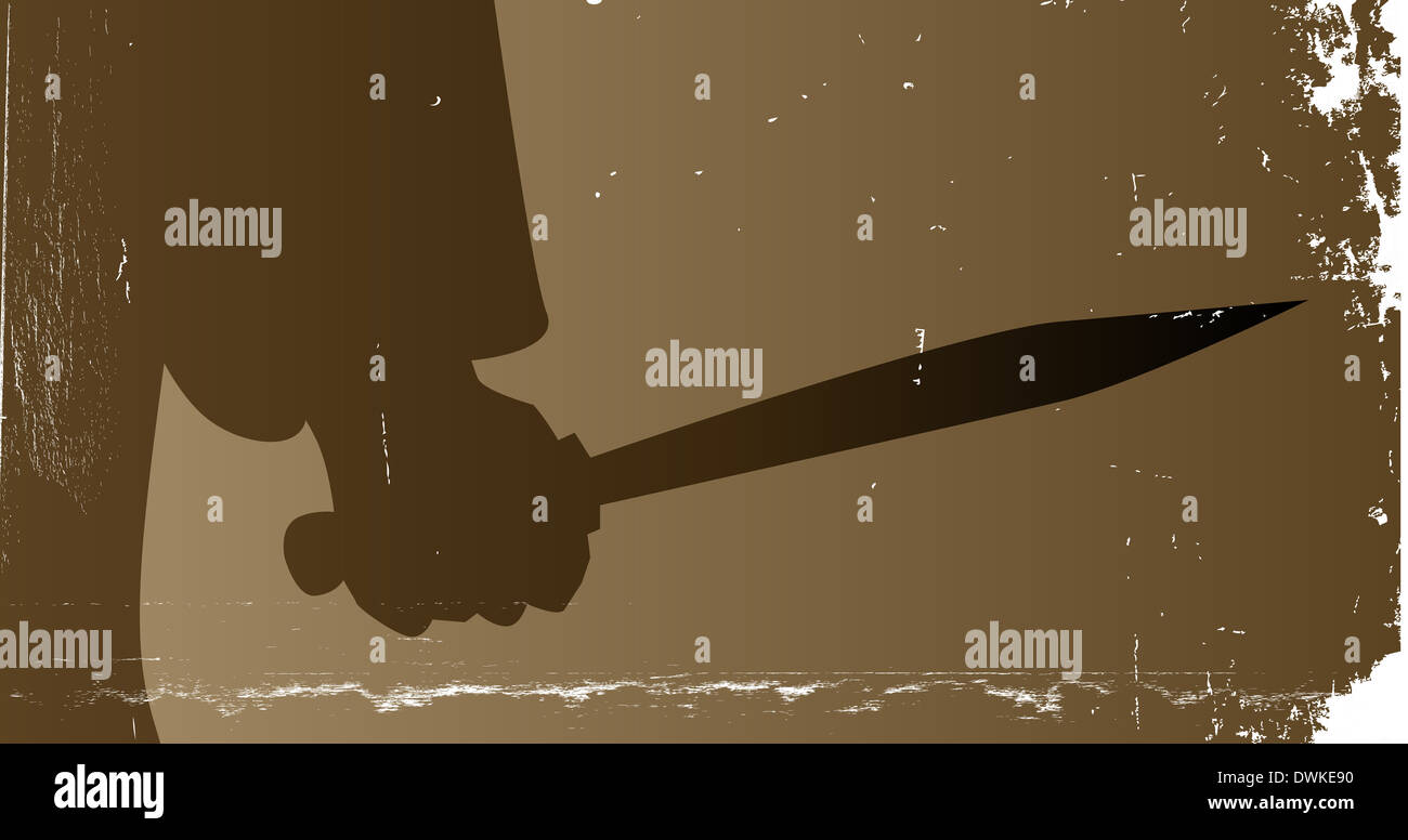 The hand of Jack the Ripper holding his knife in a sepia grunge style ...