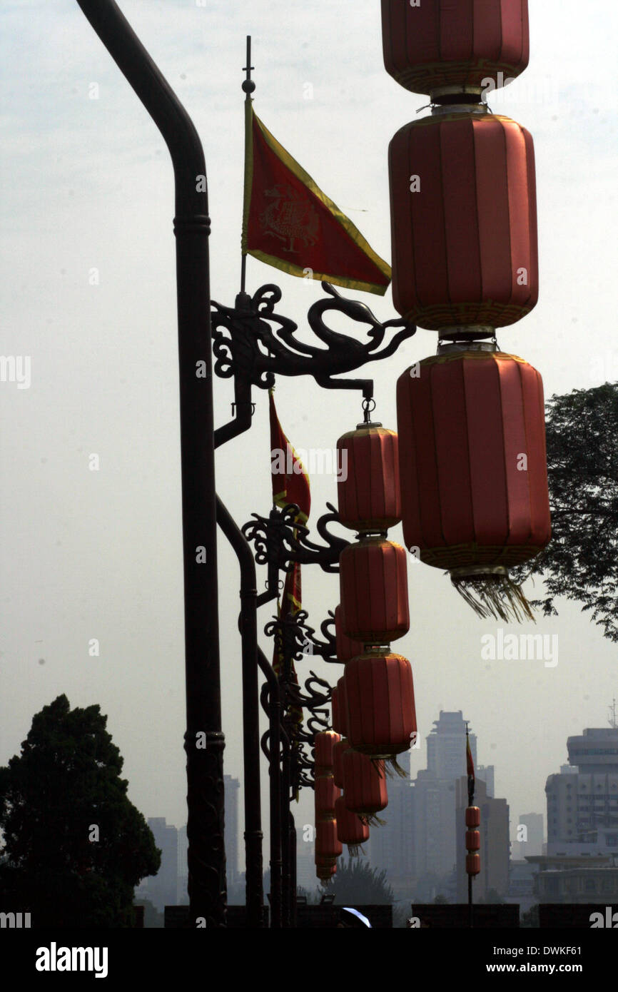 downtown of Xian, overlooking the city walls - Lanterns and flag Stock ...