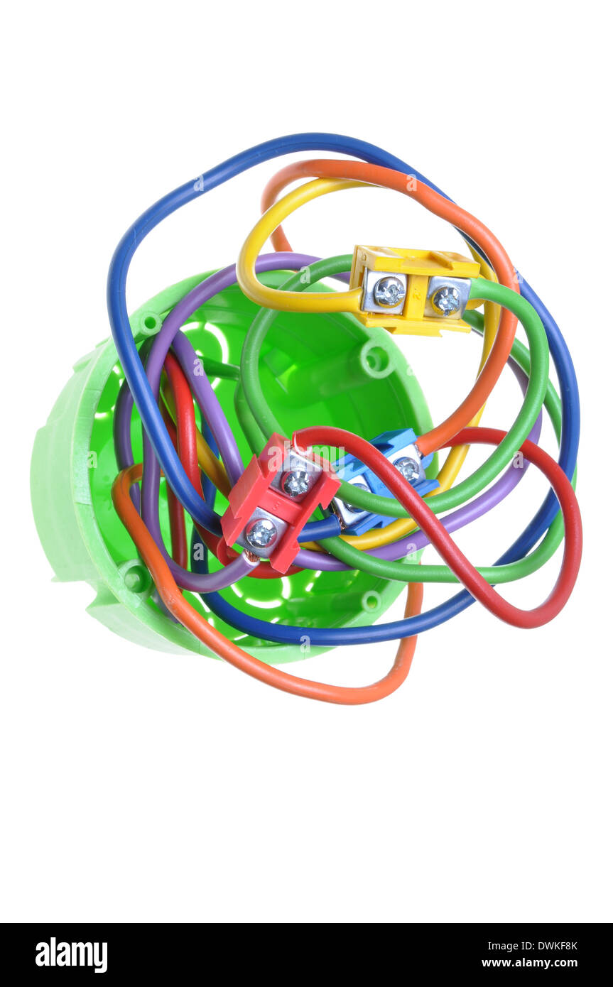 Electrical wires in wall socket isolated on white background Stock ...