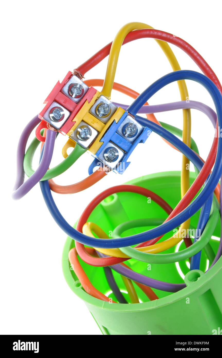 Electrical wires in wall socket isolated on white background Stock ...