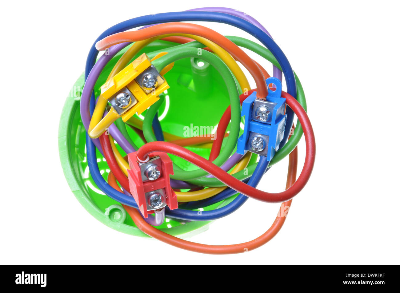 Electrical wires in wall socket isolated on white background Stock ...