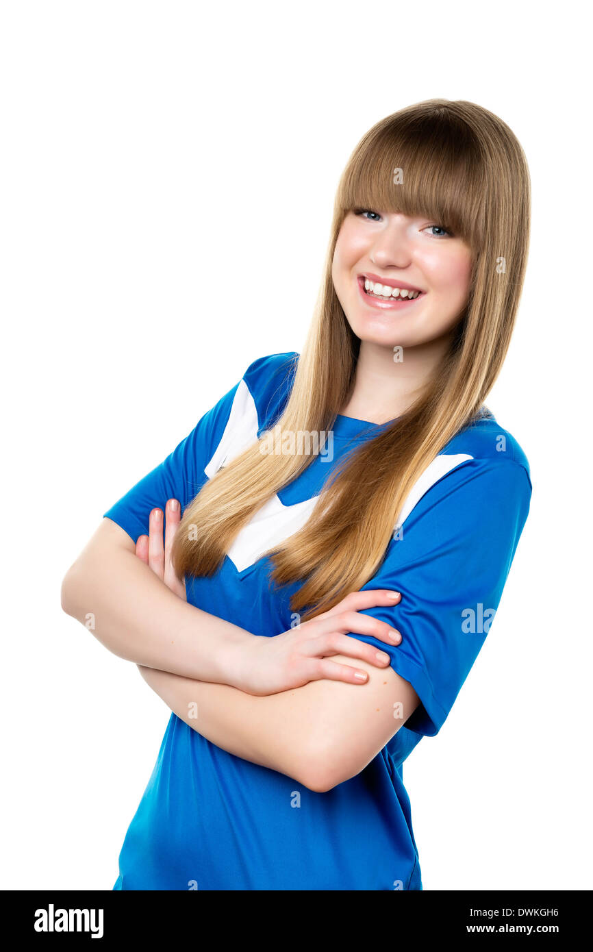 Girl in blue football shirt isolated on white background Stock Photo ...