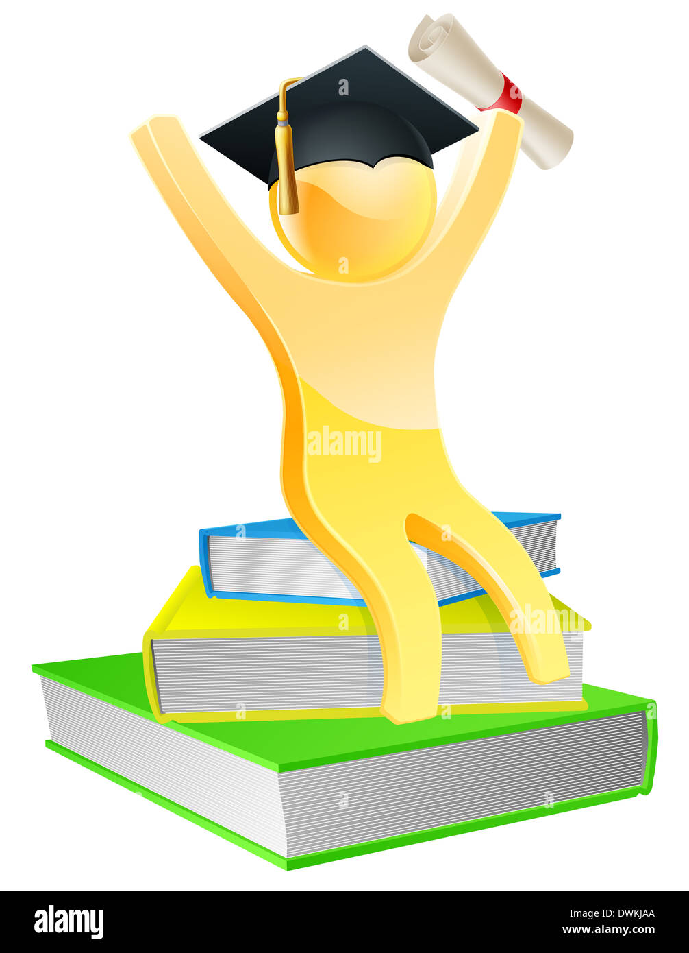 Graduate sitting on books with convocation scroll certificate and ...