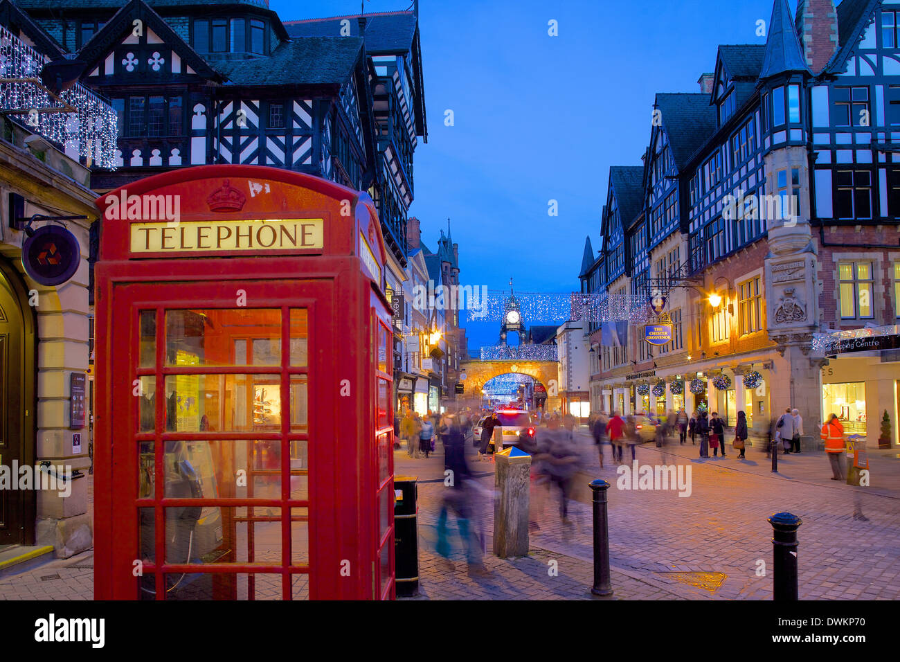East Gate and telephone box at Christmas, Chester, Cheshire, England ...