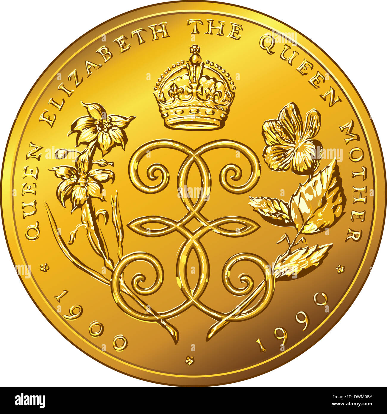 Money gold coin Dollar Bermuda dedicated to Queen Mother Elizabeth with ...