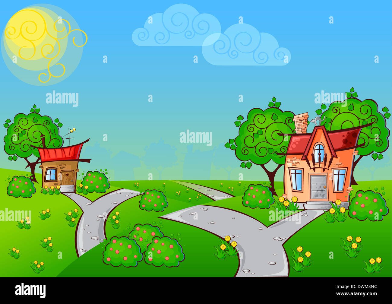 background the path to a cartoon house with the cat on the roof ...
