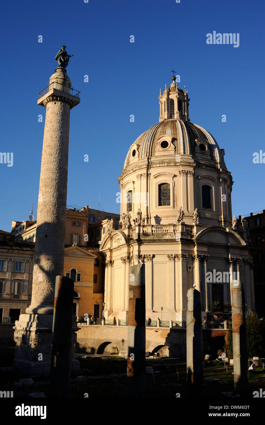 Italy, Rome, Trajan column and church of Santissimo Nome di Maria Stock ...