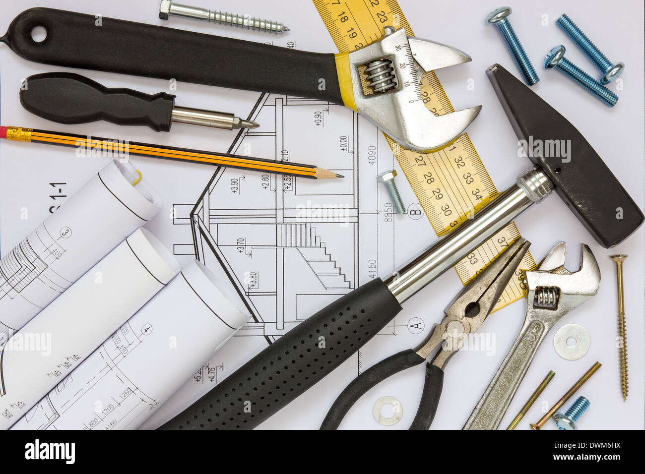 Construction tools and blueprints for a new house project Stock Photo ...
