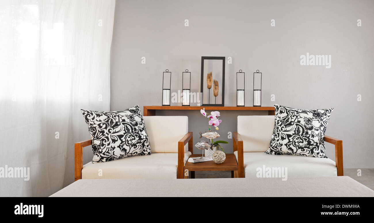 Bright white wooden sofa seat in luxury interior decoration Stock Photo ...