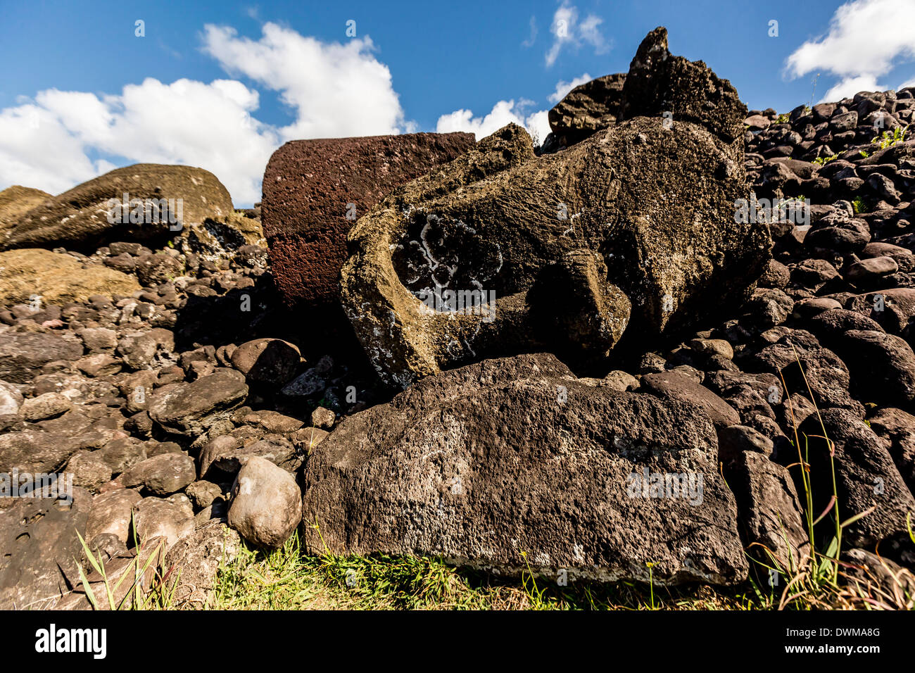 Fallen moai head and red scoria topknot at Ahu Akahanga on Easter ...