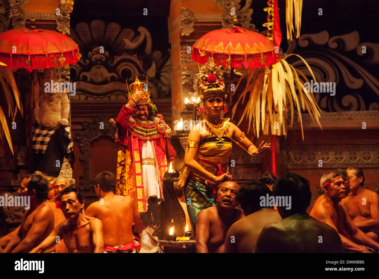Balinese dancers perform the kecak dance and drama based on the ...