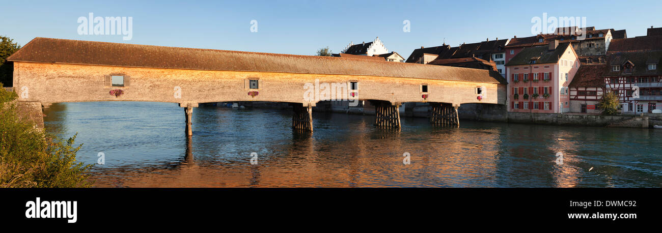 Panoramic image of the historic wooden bridge over the Rhine River ...