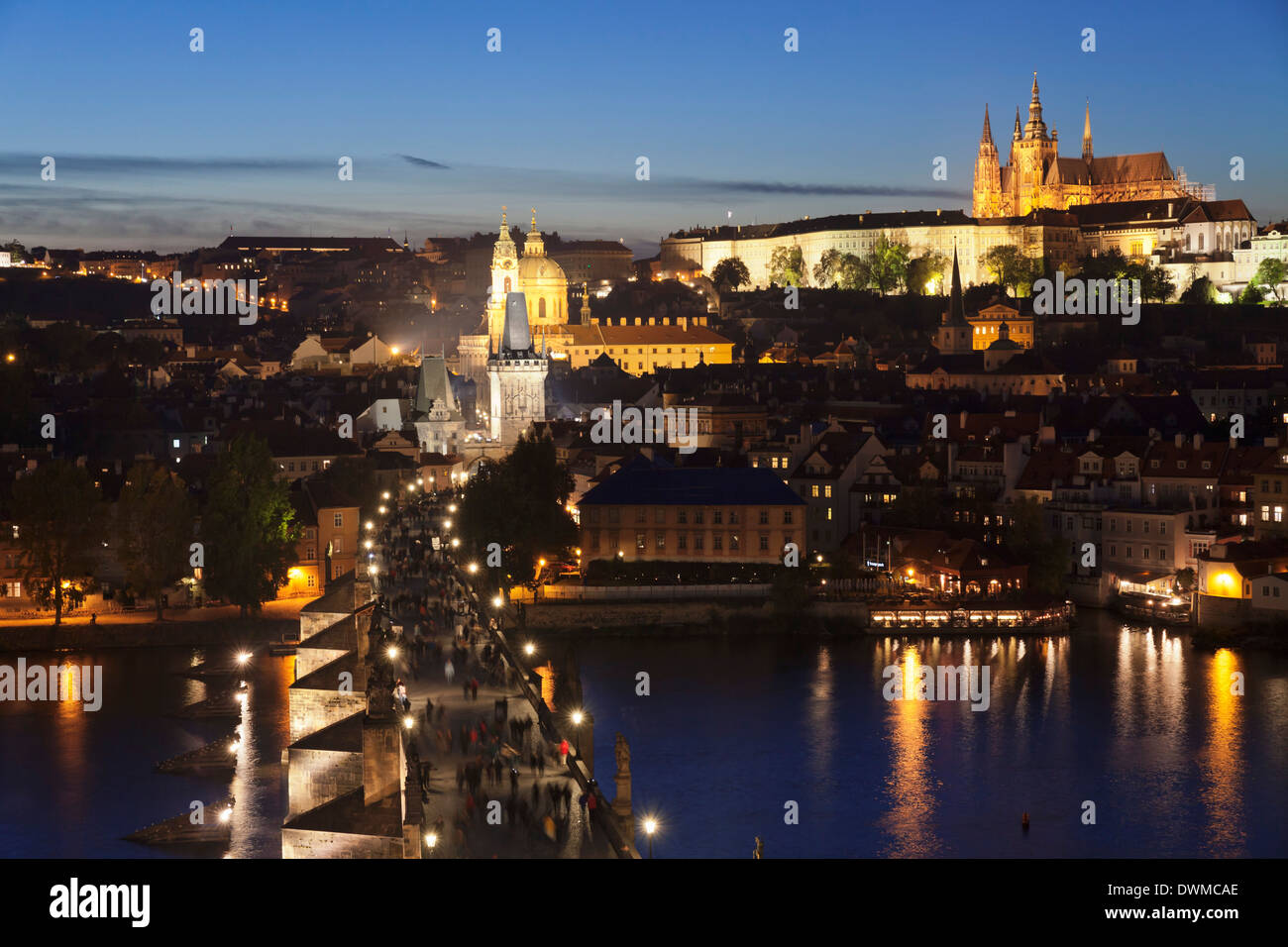 View over the River Vltava to Charles Bridge and the Castle District, UNESCO Site, Prague, Czech ...