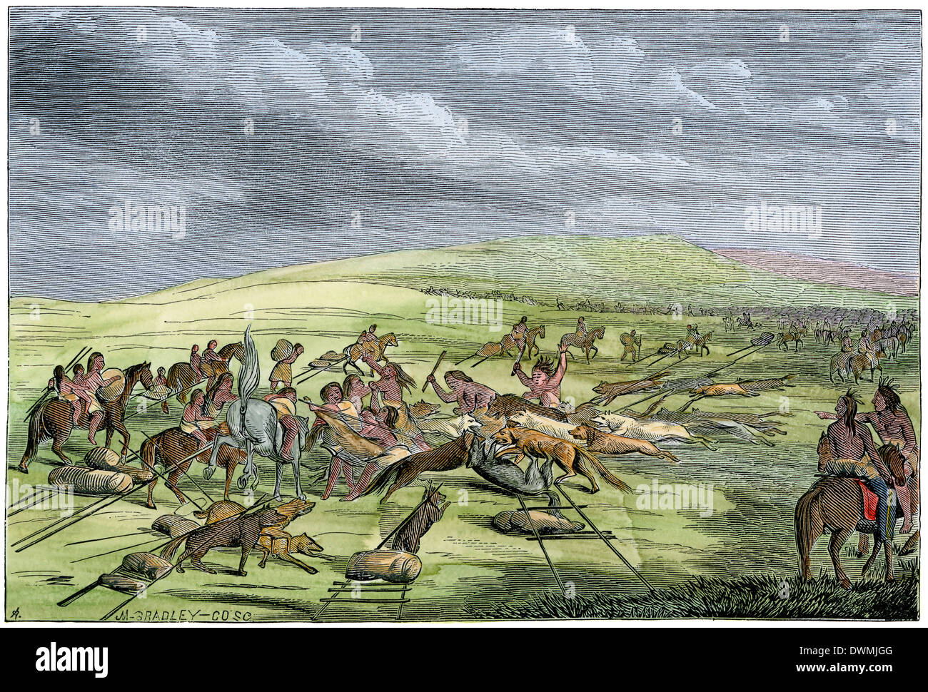 Native American village on the move, pulling belongings via travois ...