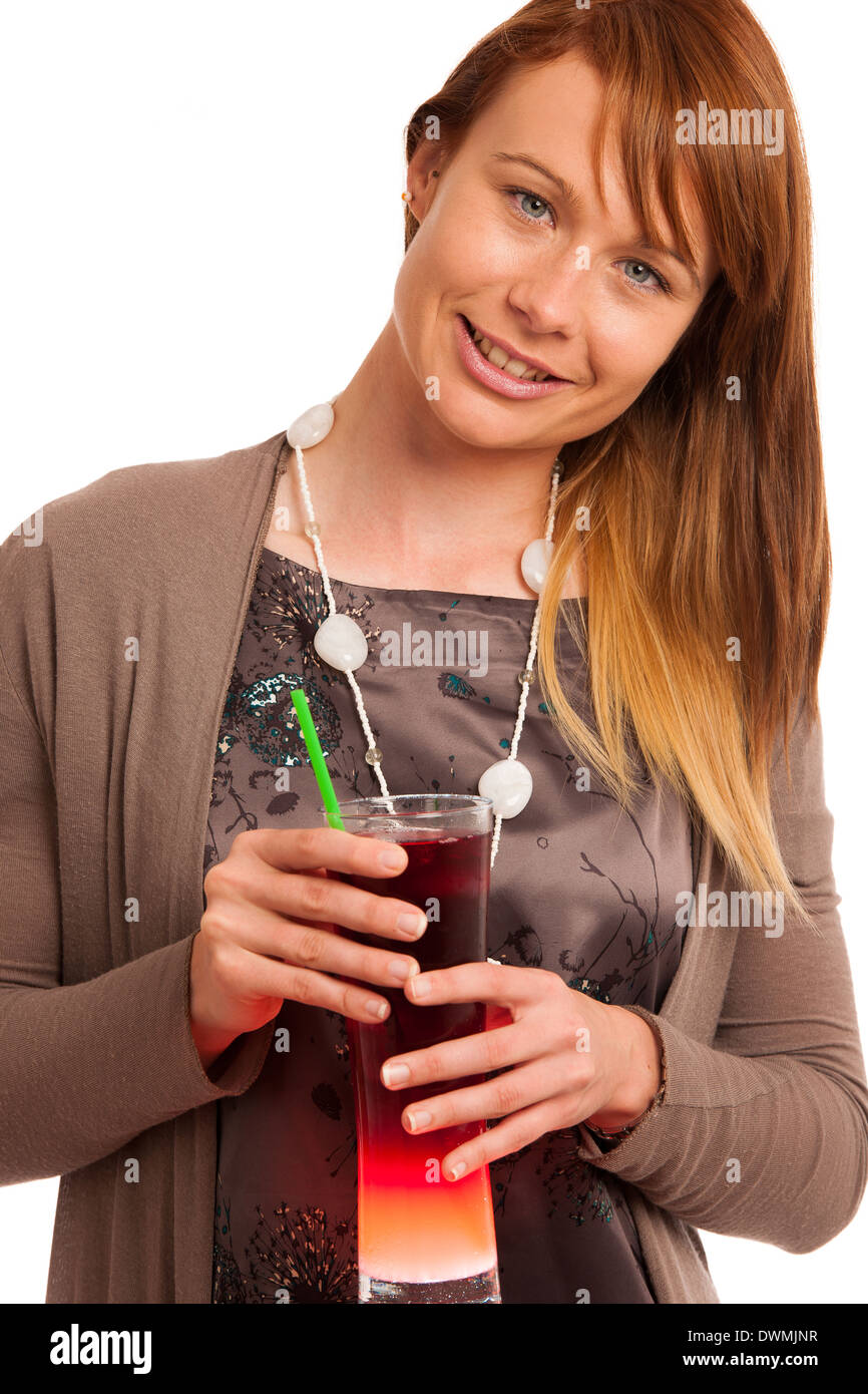 Beautiful young woman in red dress with a glass of ice tea isolated ...