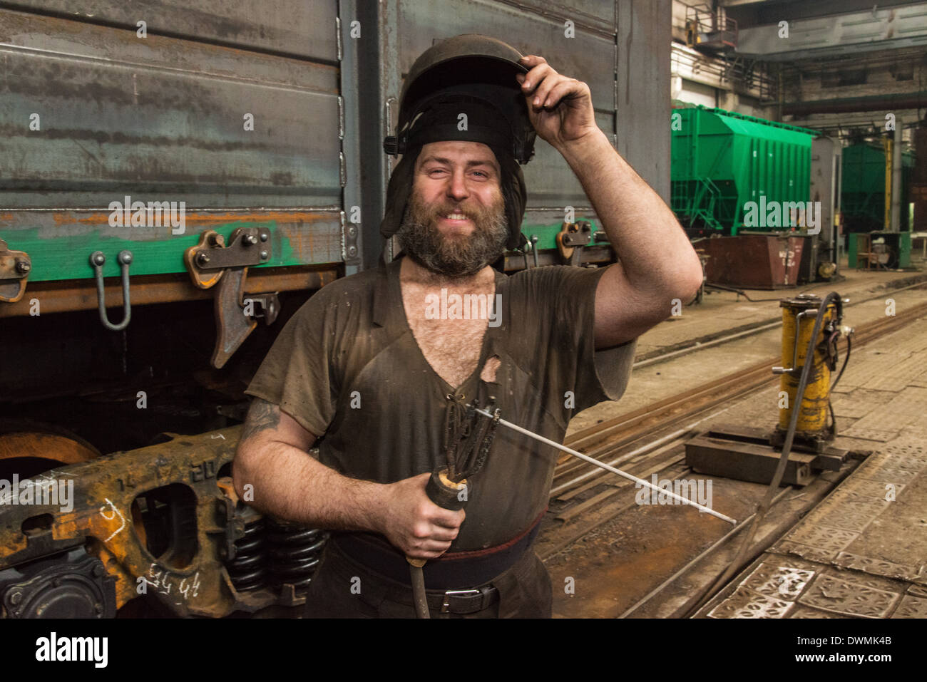 Smiling welder. Barnaul wagon repare works Altai Siberia Russia Basic ...