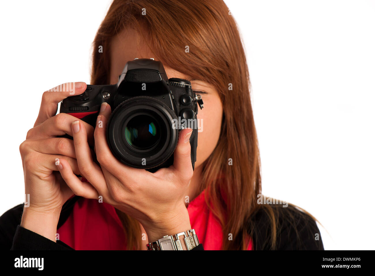 Young woman photographer with camera in her hand Stock Photo - Alamy