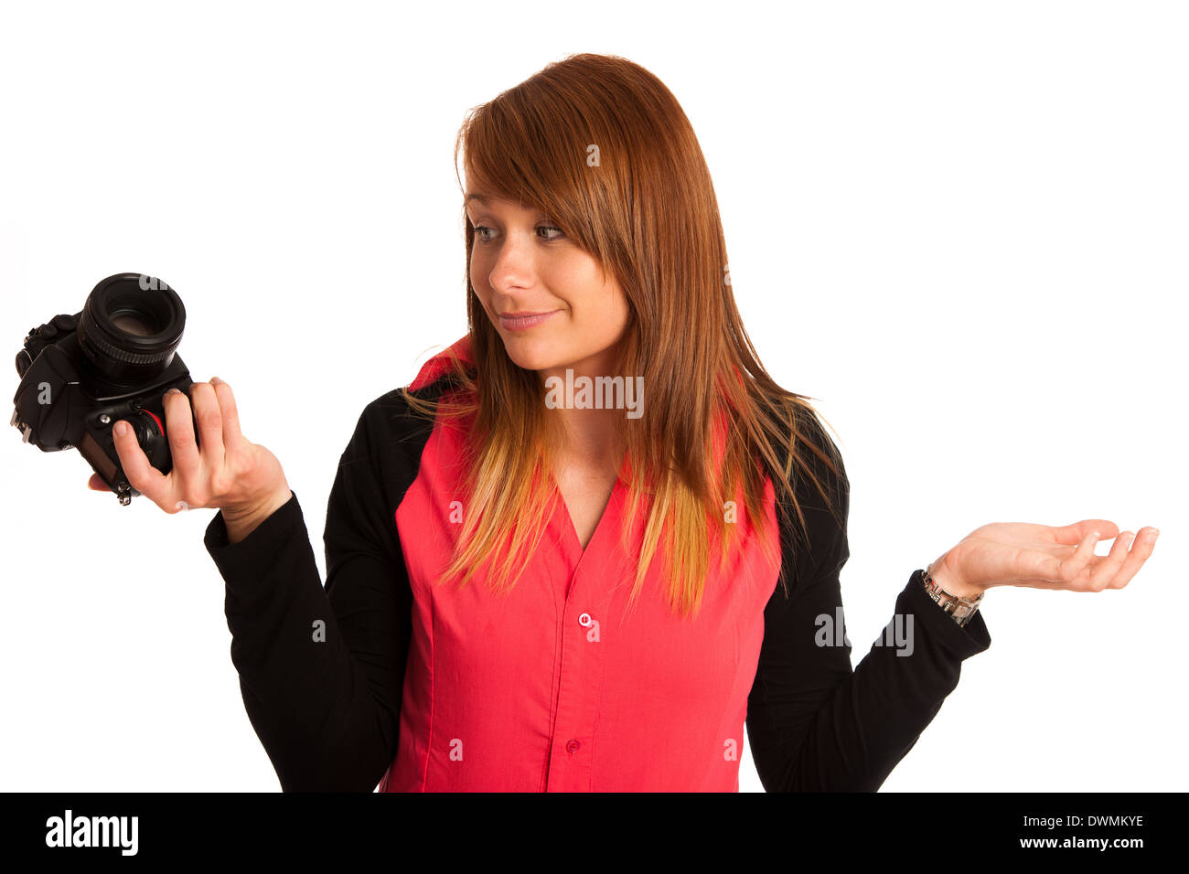 Young woman photographer with camera in her hand Stock Photo - Alamy