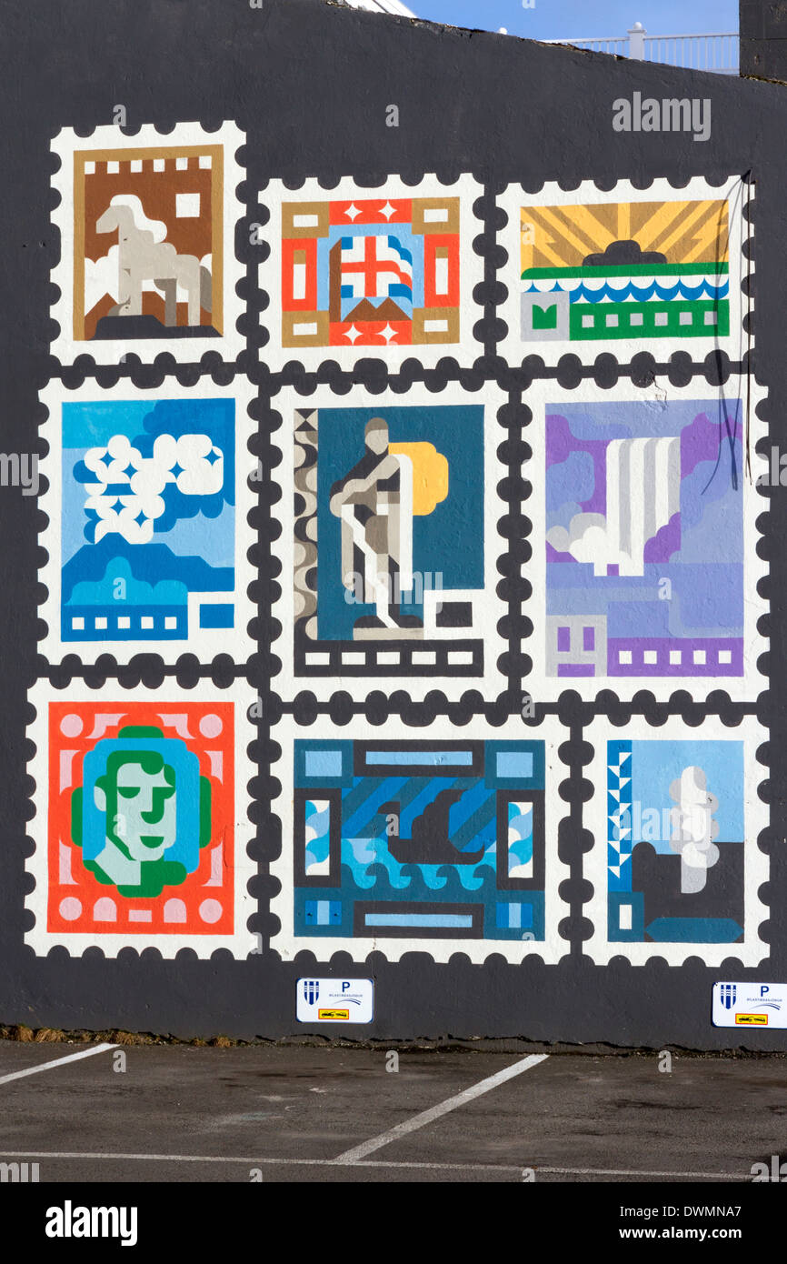 Stamp-shaped graffiti in central Reykjavik Stock Photo - Alamy