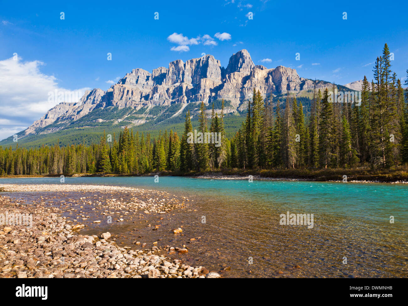 Castle Mountain behind the Bow river at Castle Junction, Banff National Park, UNESCO Site ...