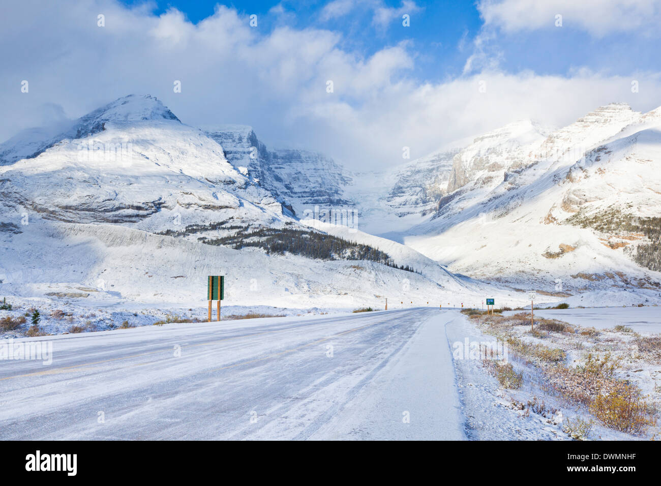 The Icefields Parkway road highway covered in ice, Jasper National Park ...