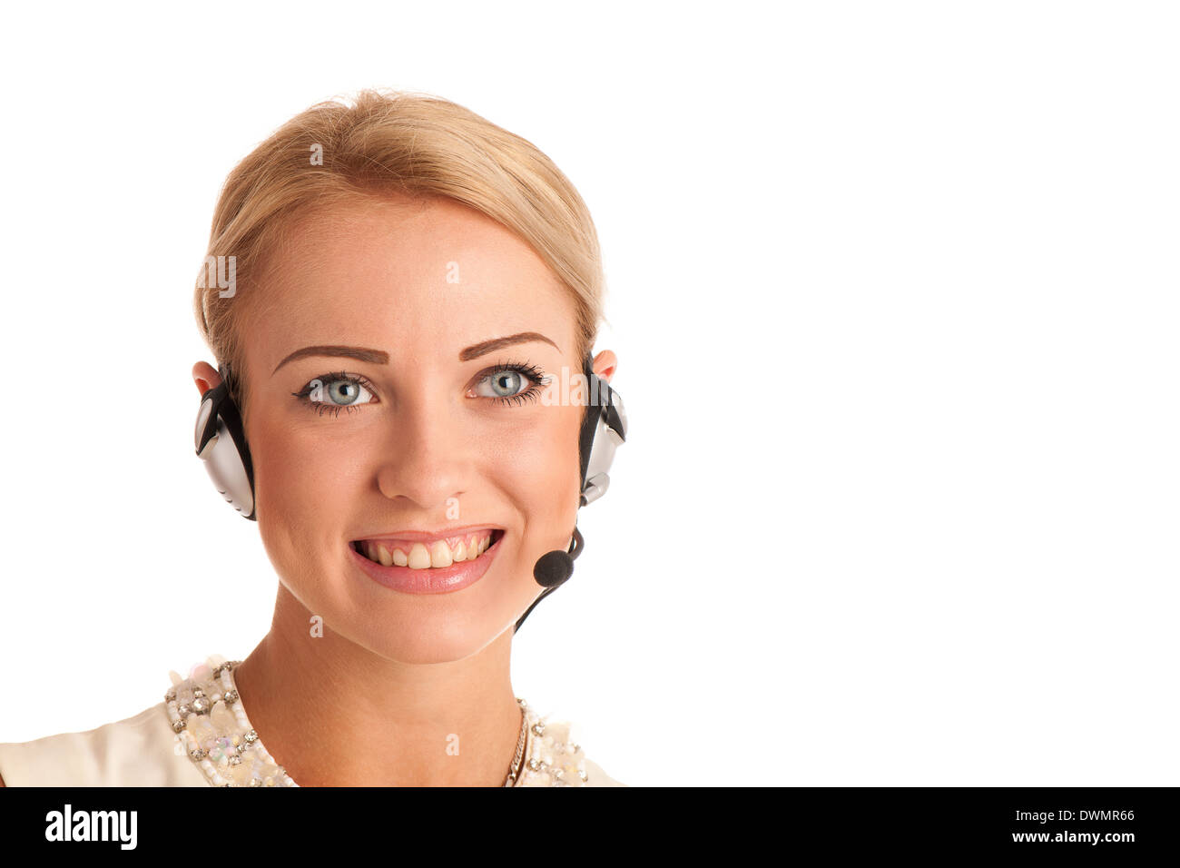 Beautiful young business woman with headset isolated over white background Stock Photo - Alamy