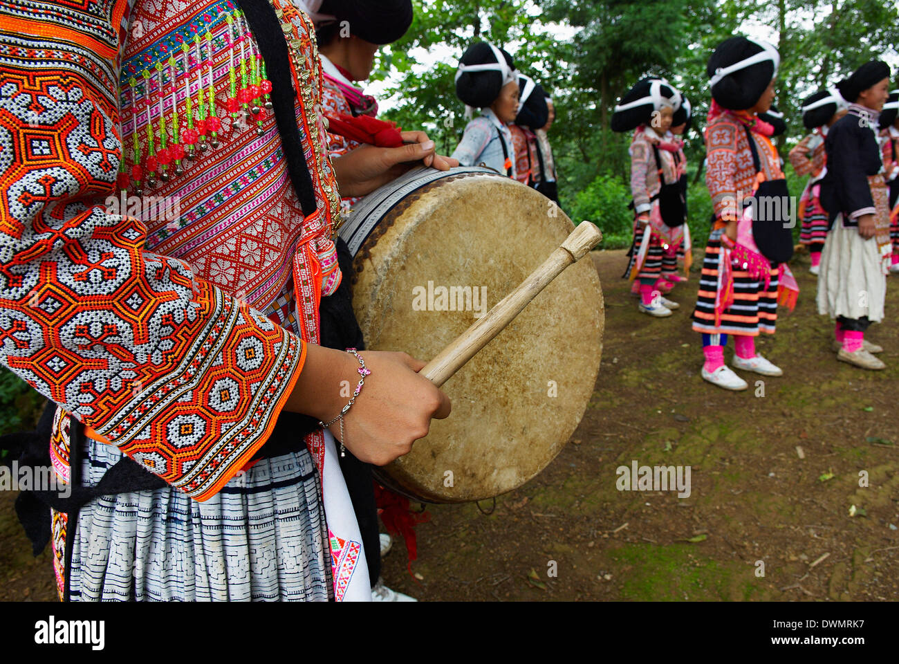 Long Horn Miao girls in traditional costumes celebrating Flower Dance ...