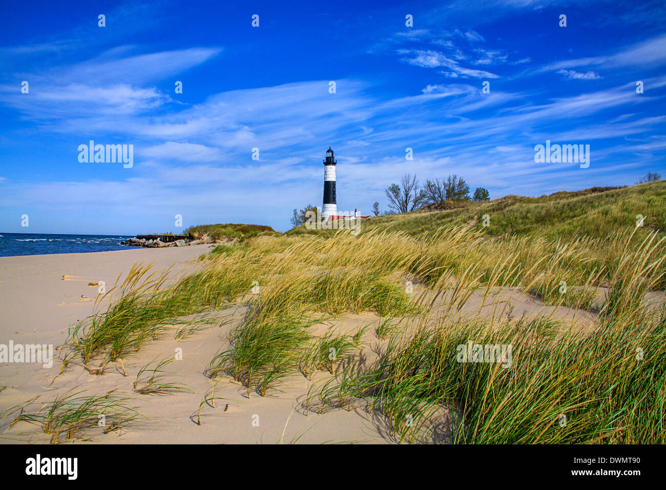 A Sandy Beach And Beach Grass At The Big Sable Point Lighthouse On Lake ...