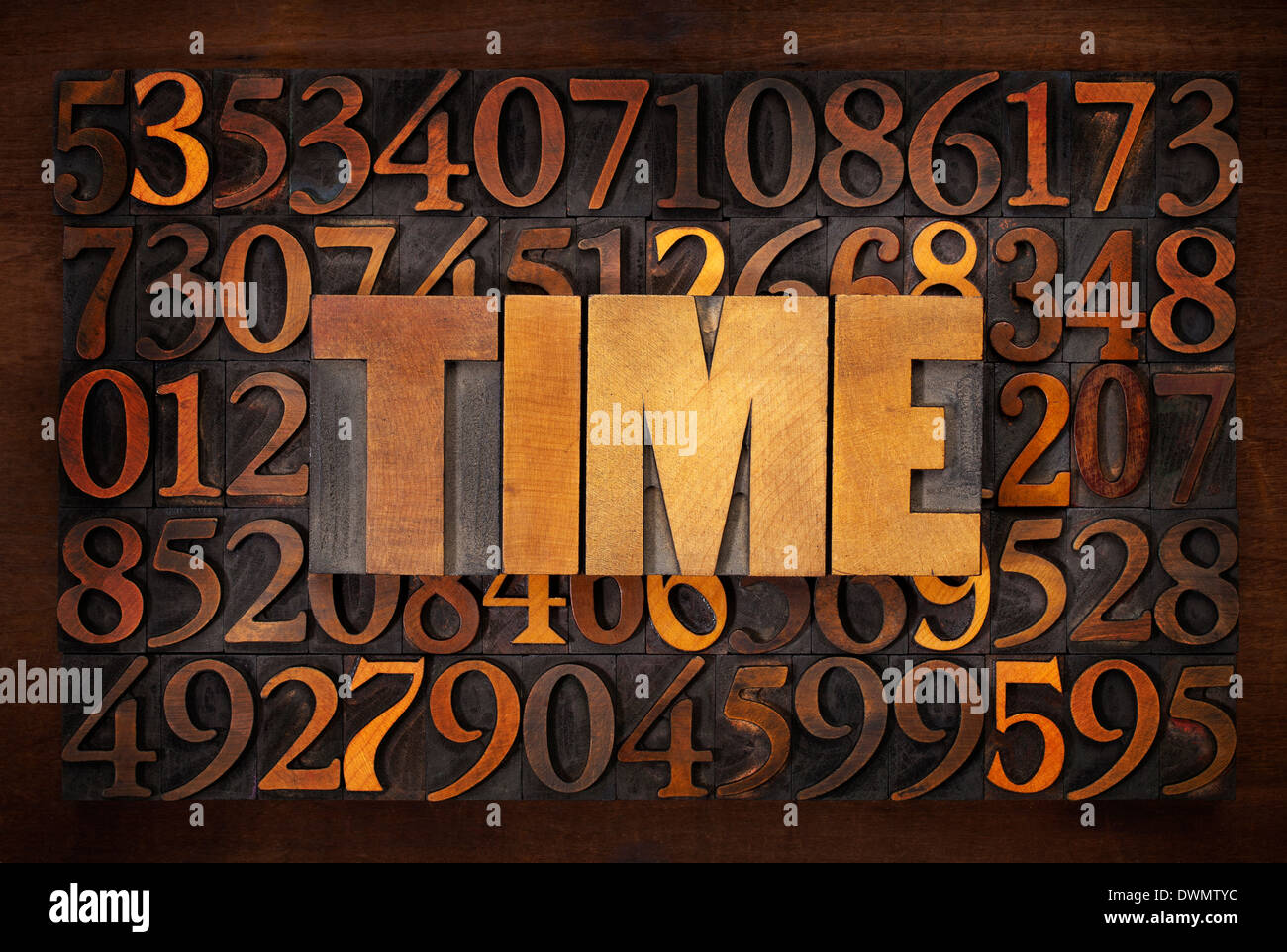 time word in wood type against random number background Stock Photo - Alamy