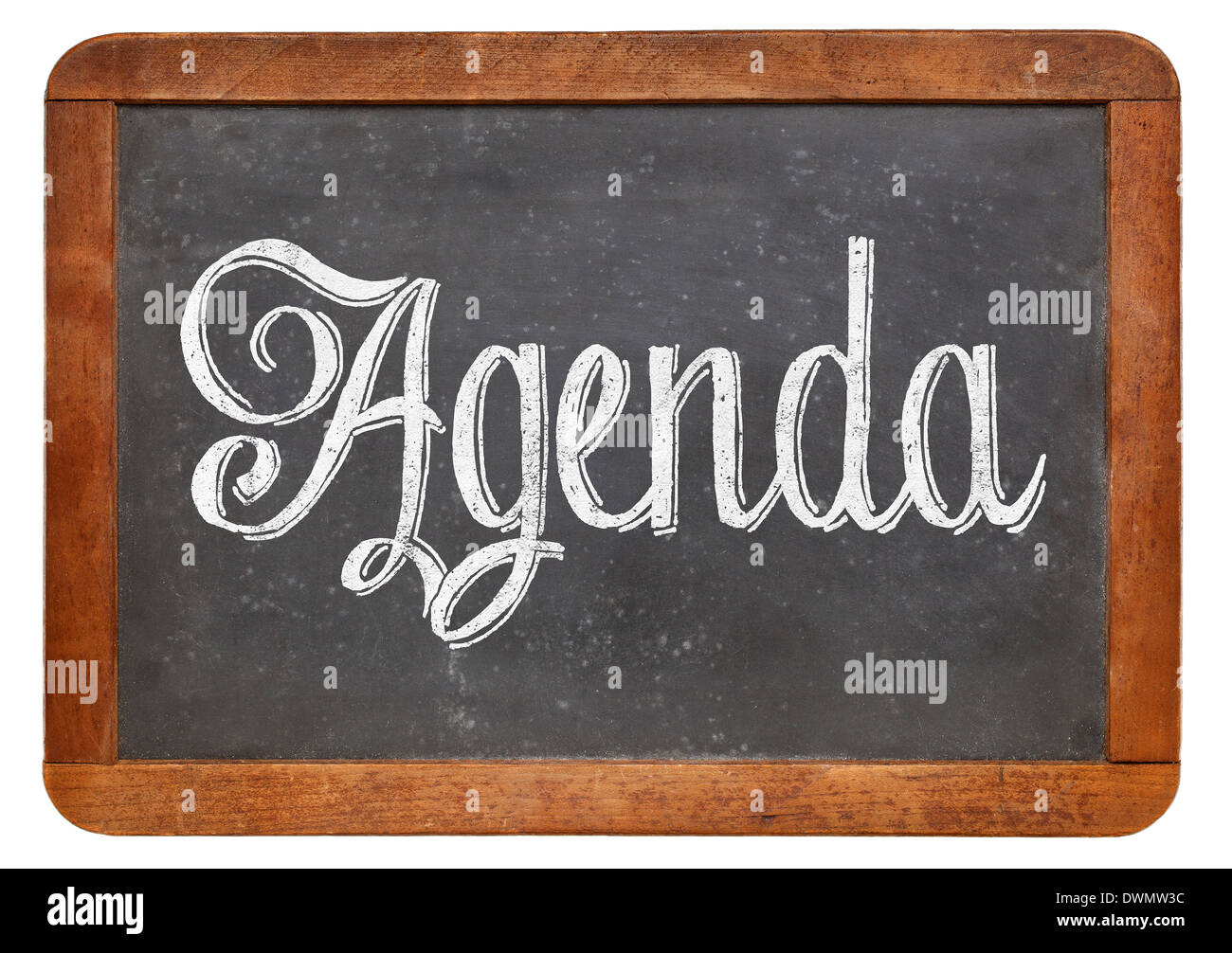 agenda word handwritten with white chalk on blackboard, isolated on ...