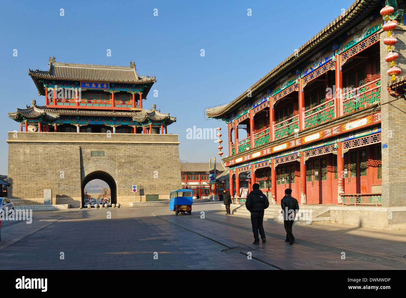 Reconstructed "old" town of Shanhaiguan at night. Drum tower in the ...