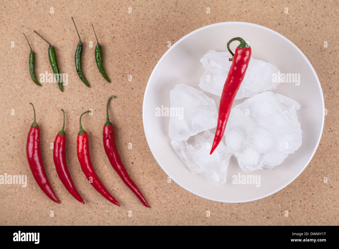 Fresh red hot chili peppers with ice on plate, over wooden background ...