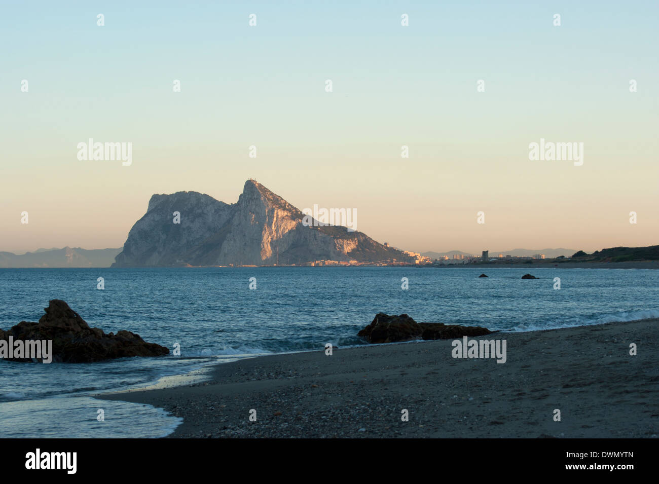 A late afternoon shot of the rock of Gibraltar from a Spanish beach ...