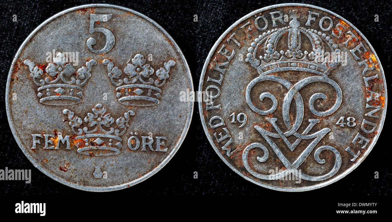 5 ore coin, King Frederik IX, Sweden, 1948 Stock Photo - Alamy