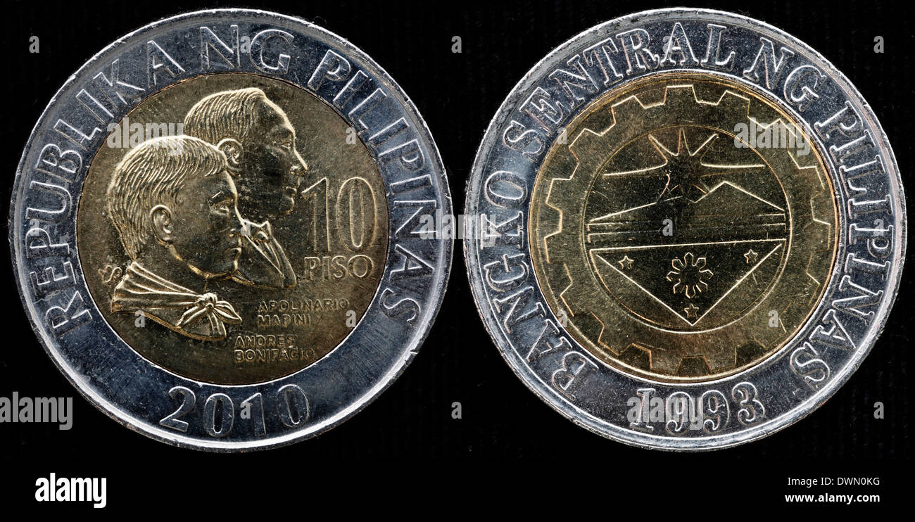 10 Piso coin, Apolinario Mapini and Andres Bonifacio, Philippines, 2010 ...