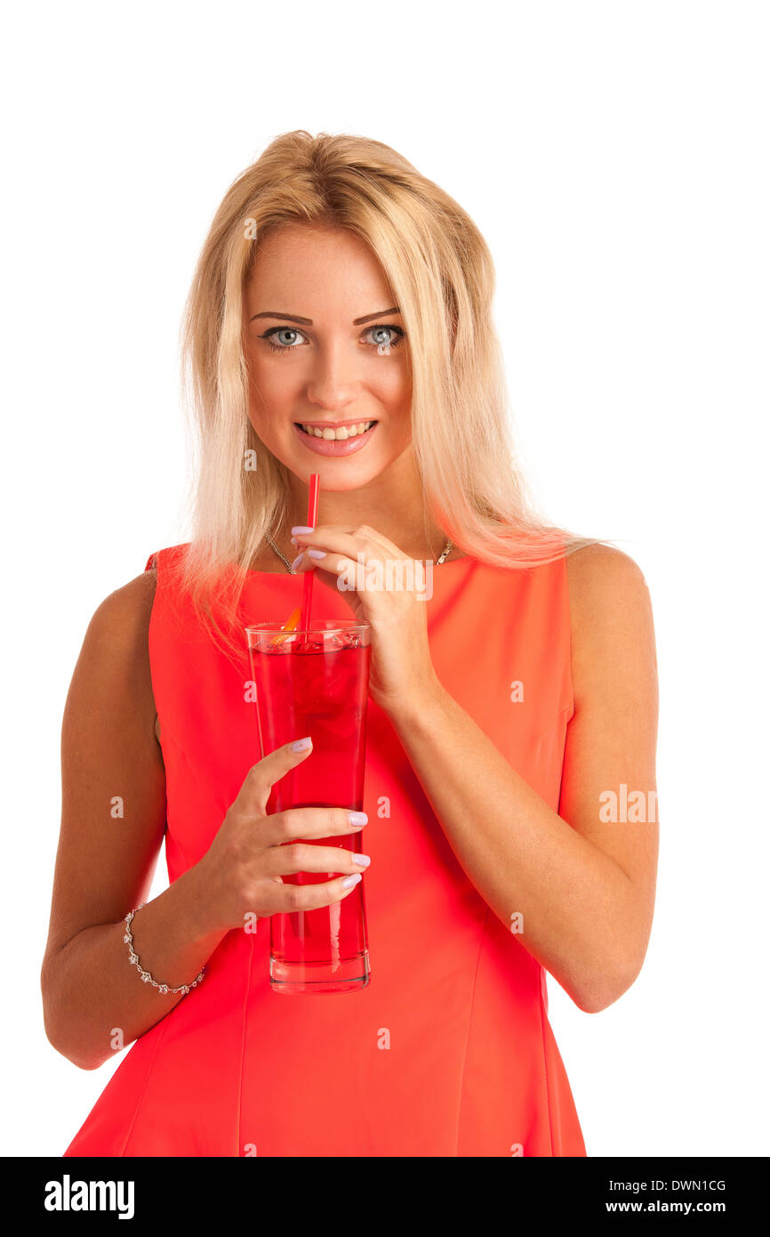 Beautiful young woman in red dress with a glass of ice tea isolated ...