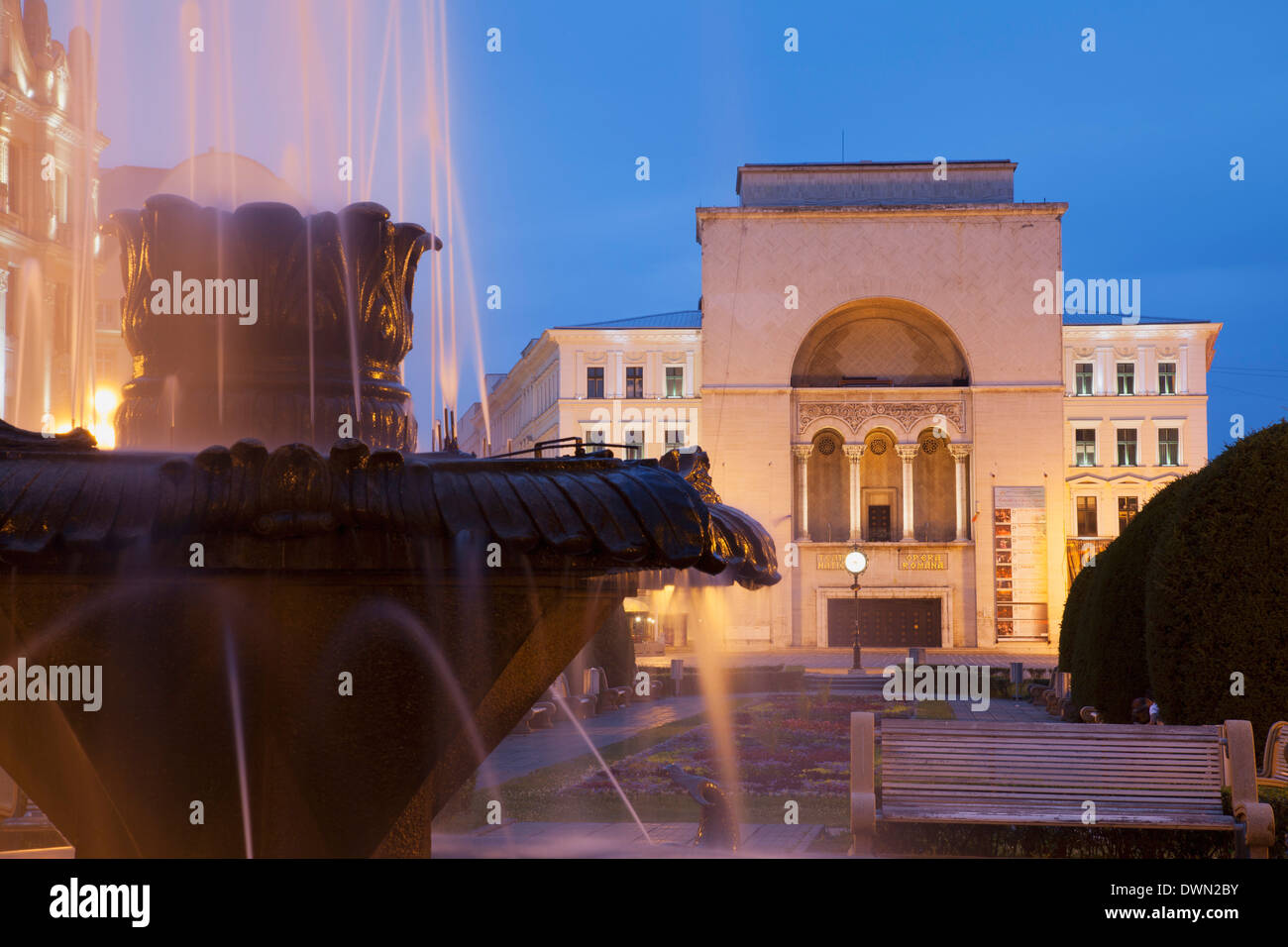 National Theatre and Opera House in Piata Victoriei at dusk, Timisoara ...