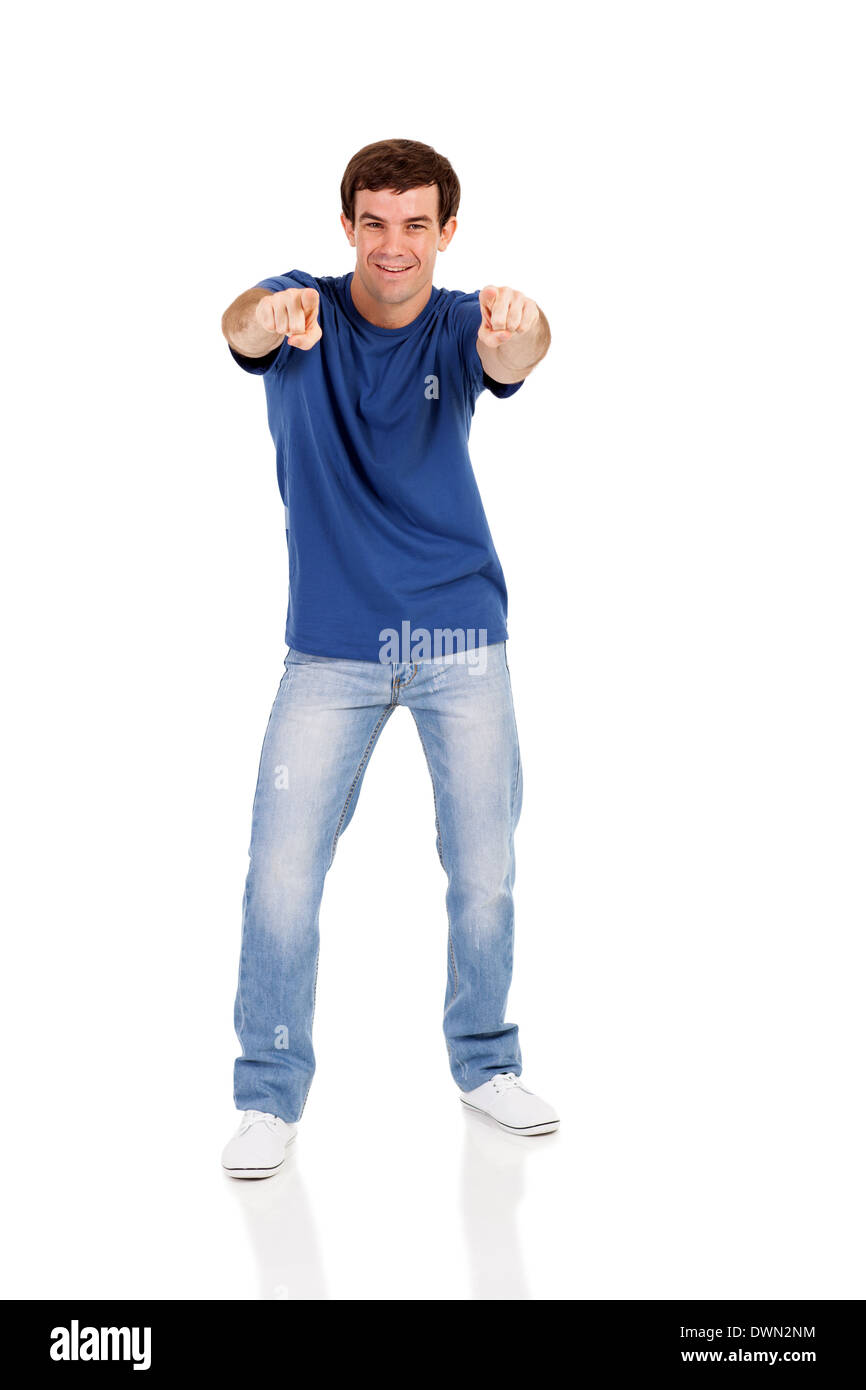 man pointing with both hands towards the camera isolated on white Stock ...