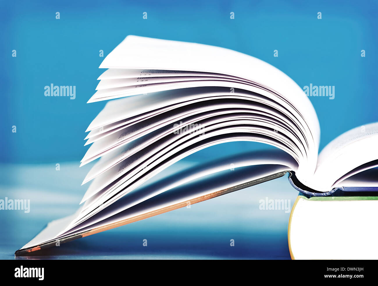 Open book on blue background Stock Photo - Alamy