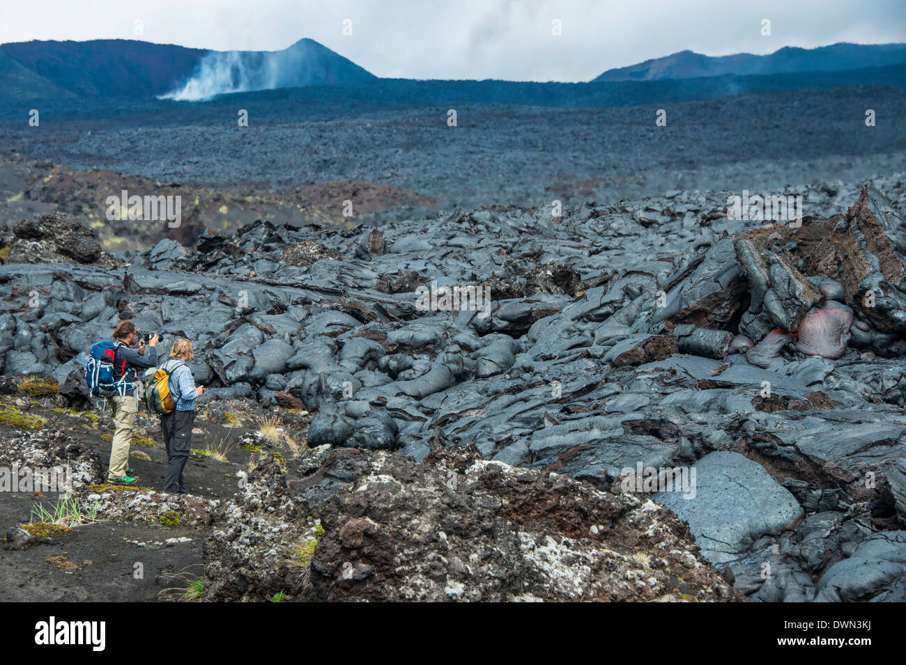 Tourists standing at a cold lava stream after an eruption of Tolbachik ...