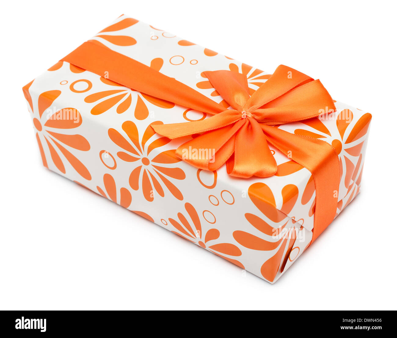 Orange present box with ribbon and bow isolated on white background ...