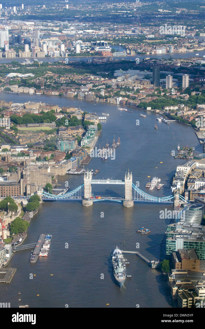 Aerial view of Tower Bridge and River Thames, London, England, United ...