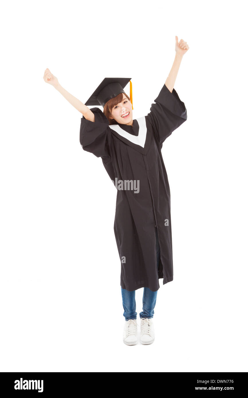happy Young graduate girl student standing and hand up.isolated on ...