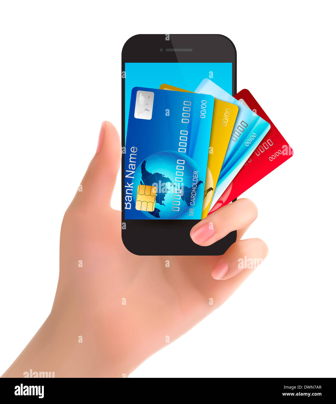 Credit cards in a phone. Internet banking concept. Vector Stock Photo ...