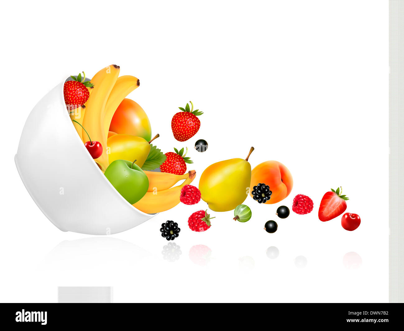 Fruit and berries falling from a bowl. Concept of healthy eating ...
