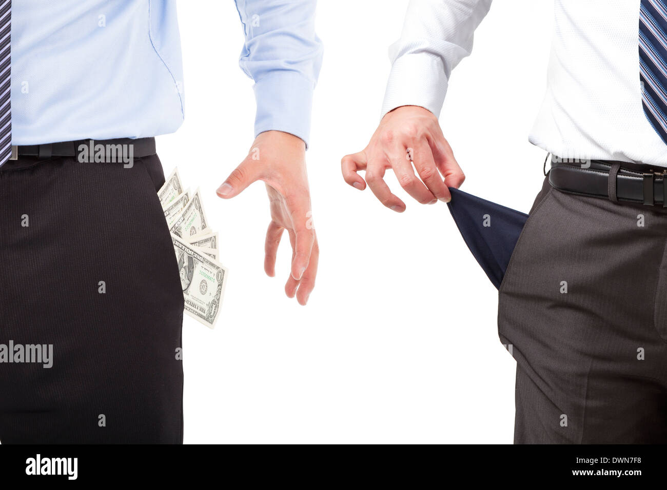 one businessmen grasp money , one pocket empty Stock Photo - Alamy